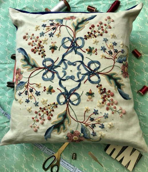 ‘Bows & Sprigs’ Crewel work embroidery panel – Helen McCook