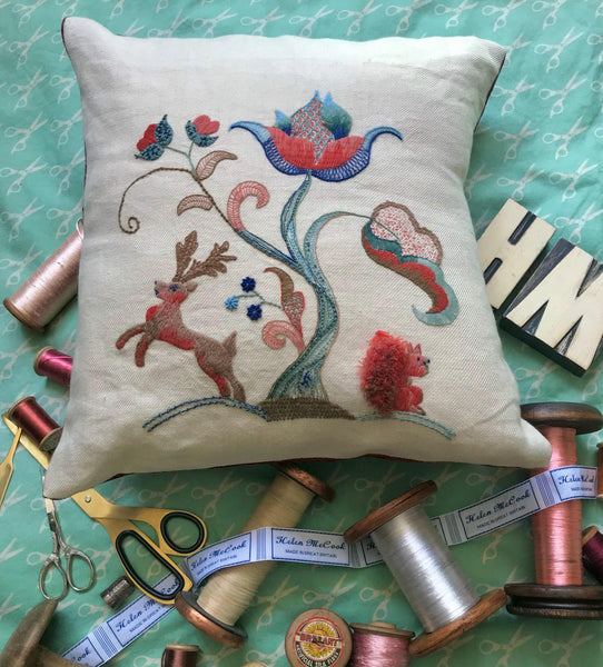 'Stag & Squirrel’ Jacobean Crewel work panel – Helen McCook